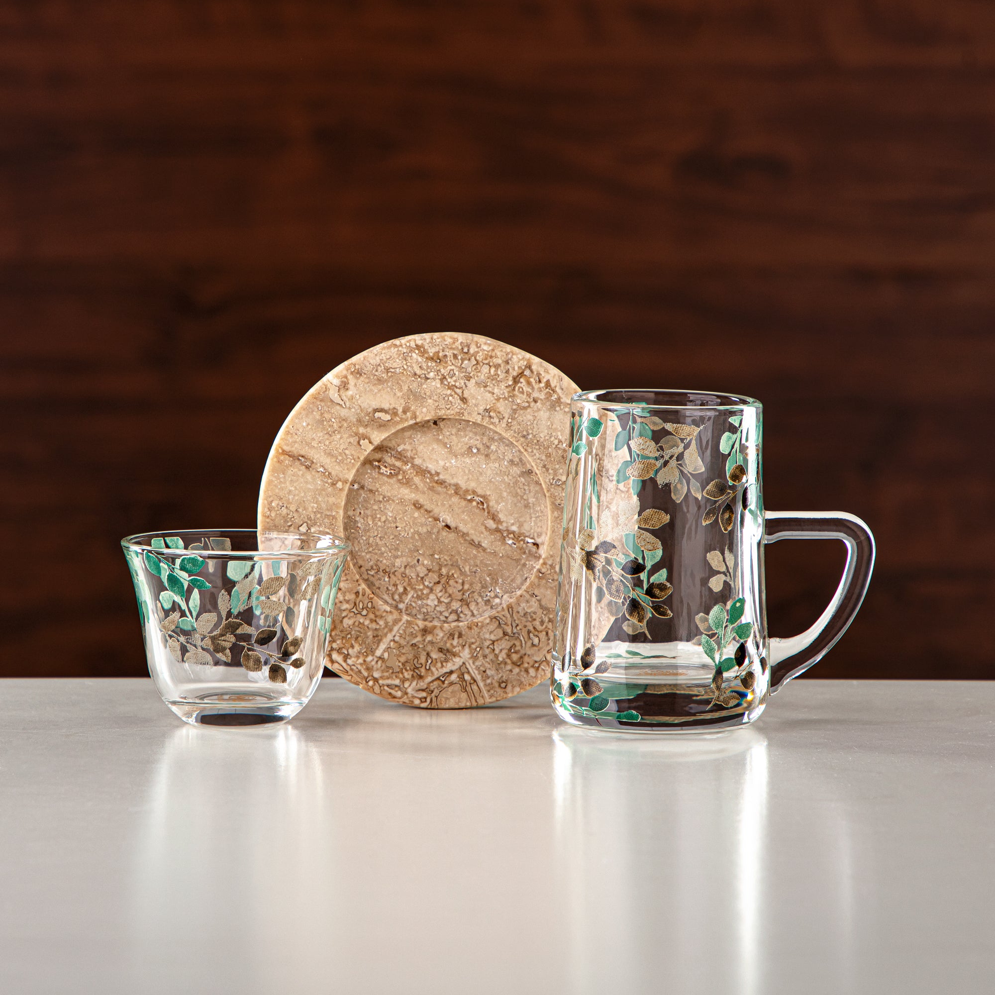 Almarjan Tea & Coffee Set 18 Pieces, Glass & Travertine (GLS2630069)