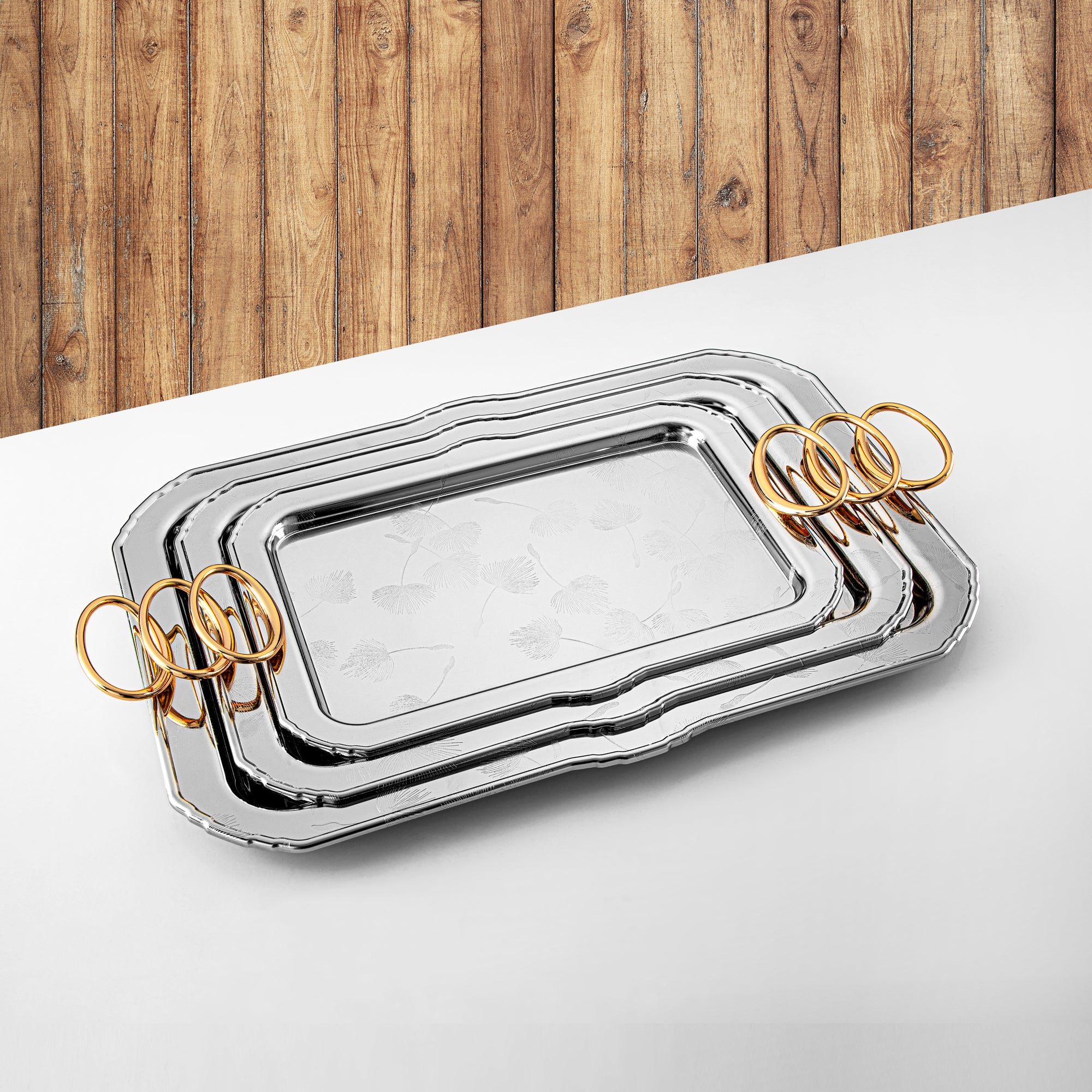 Almarjan Serving Tray Set - 3 Pieces, Silver & Gold (HT2408002) | Rama