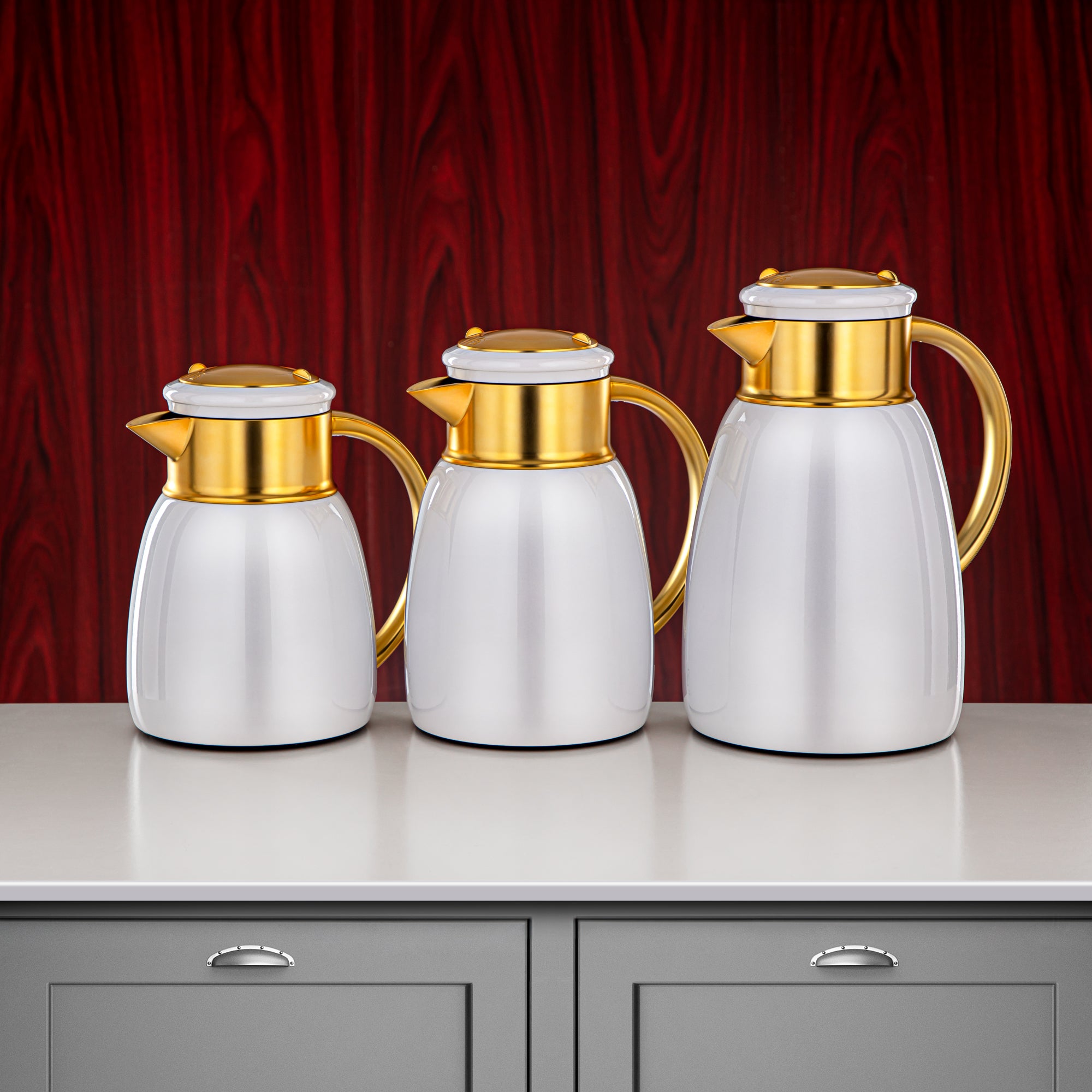 Almarjan Vacuum Flask Set, 0.35L + 0.65L + 1L, White & Matt Gold (ULC-
